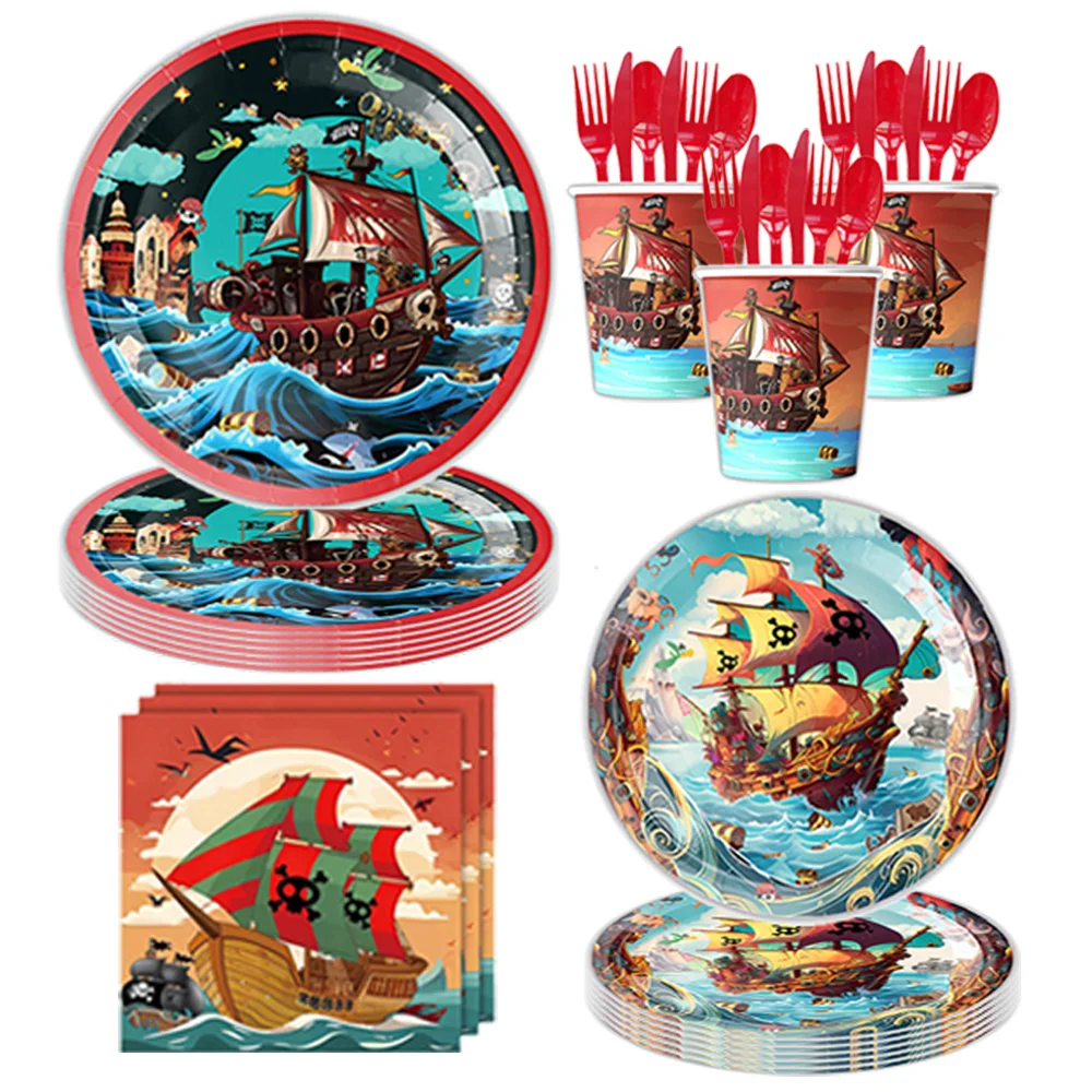 Pirate Theme Disposable Tableware Paper Plates Cups Napkins Kids Pirate ...