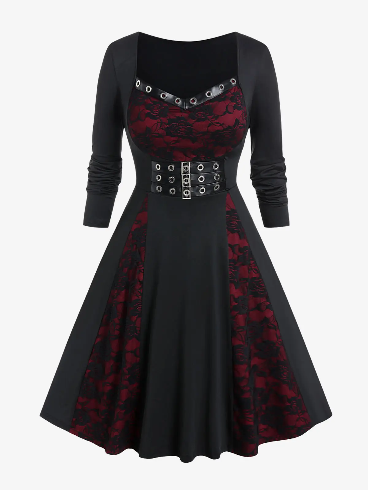 ROSEGAL Gothic Kleider Schwarz Hohe Taille Langen Ärmeln Vestidos 4XL Buckled Ösen Spitze Panel ...