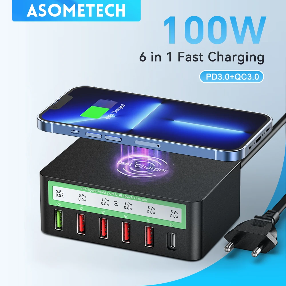 100W USB PD QC Charger Adapter Wireless Charger 6 Ports Fast Charging ...