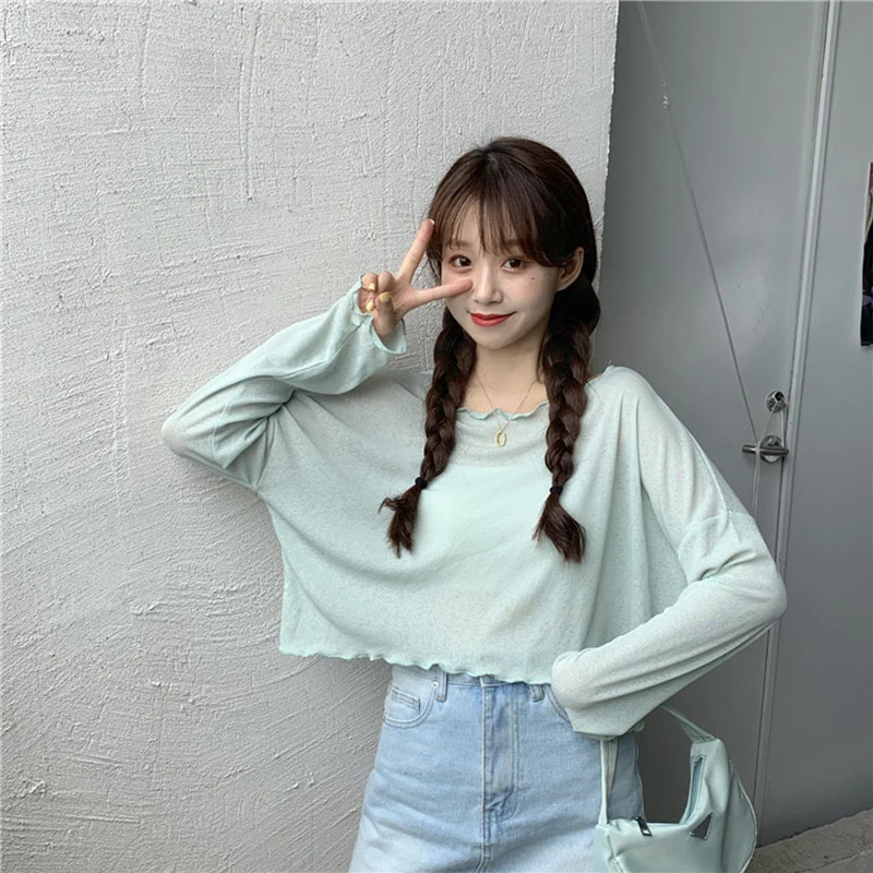 Women-s-T-Shirts-Spring-Summer-Long-Sleeve-Solid-Short-Thin-Tops-Girls ...