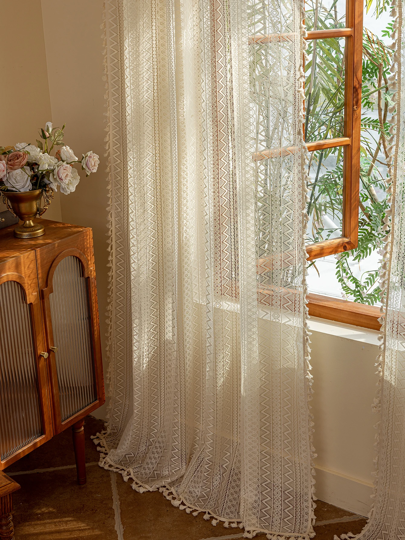 1pc Elegant Lace Rod Pocket Curtains with Tassel Fringe for Bedroom and ...
