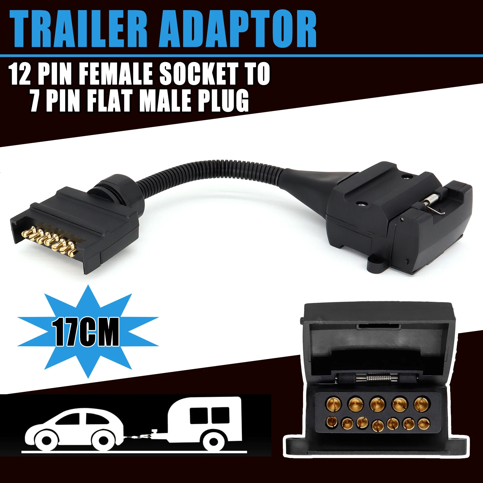 12 Pin Socket To 7 Pin Flat Plug Female to Male Trailer Adaptor Caravan ...