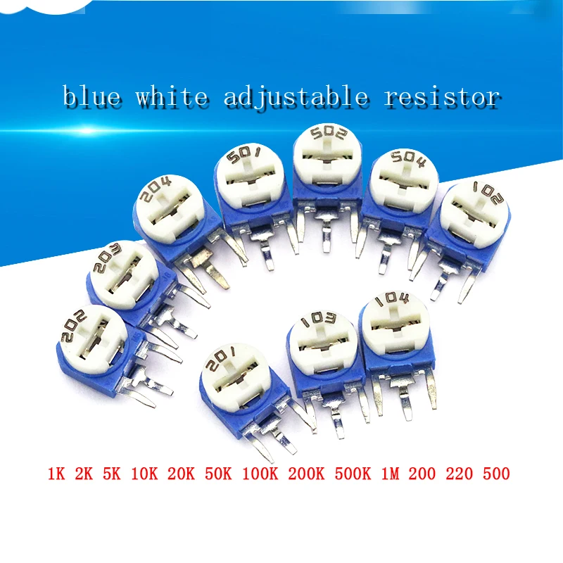 20pcs Vertical Blue White Adjustable Resistor 200 500 1K 2K 5K 10K 20K ...