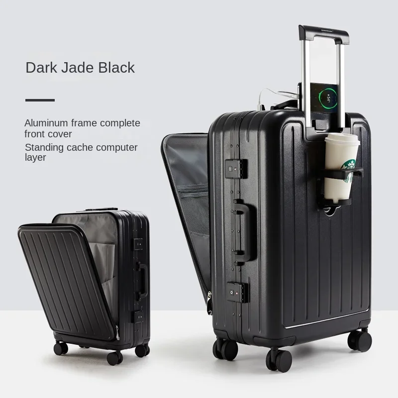 New-Suitcase-Female-Front-Opening-Luggage-with-USB-Cup-Holder-Carry-on ...