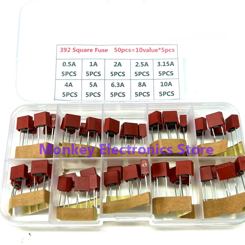 50pcs 392 Square Fuse Boxed 250V T0.5A 1A 2A 2.5A 3A 3.15A 4A 5A 6.3A ...