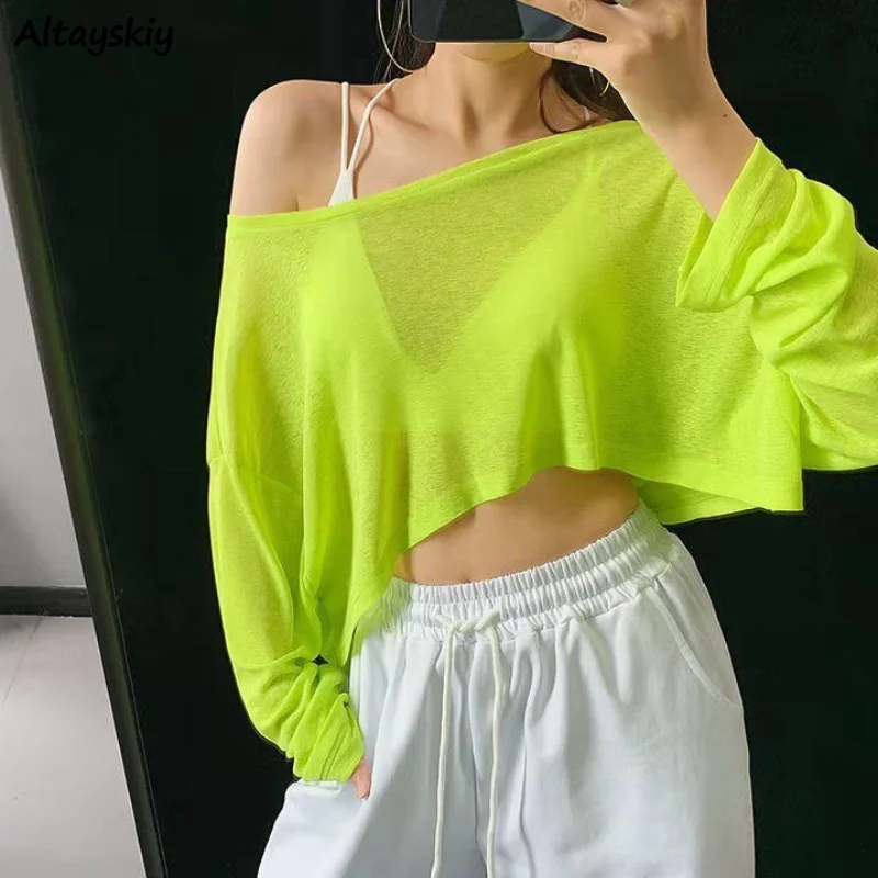 T shirts Women Sheer Hotsweet Streetwear Skew Collar Casual Loose ...