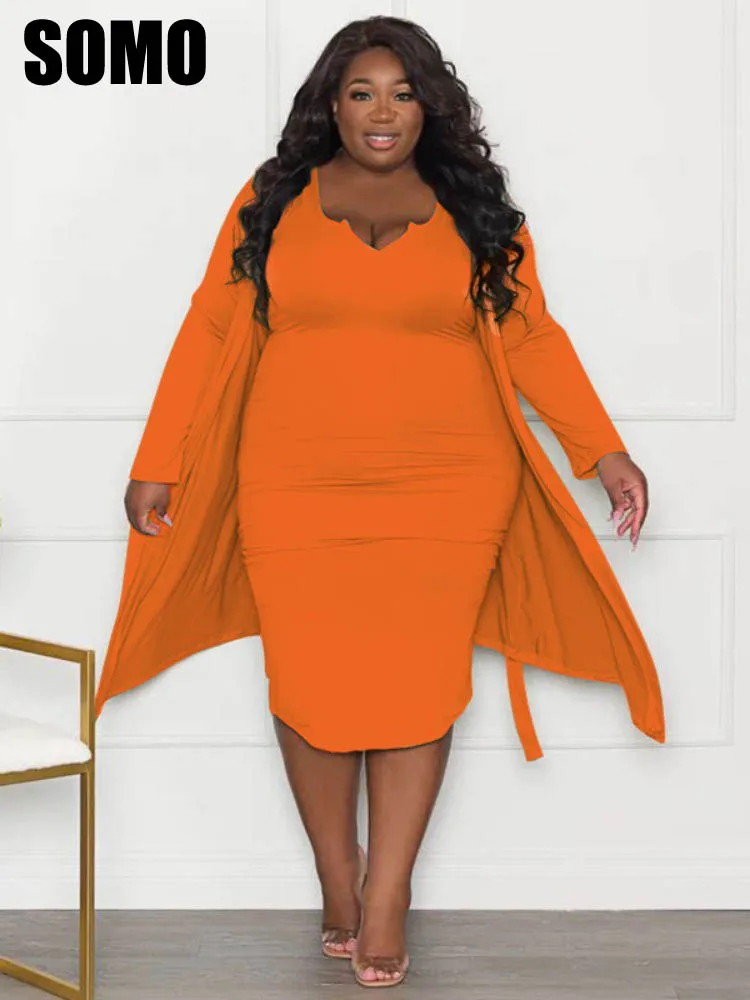 SOMO-Plus-Size-Women-Solid-Color-Dress-Two-Piece-Set-Sexy-Long-Sleeve ...