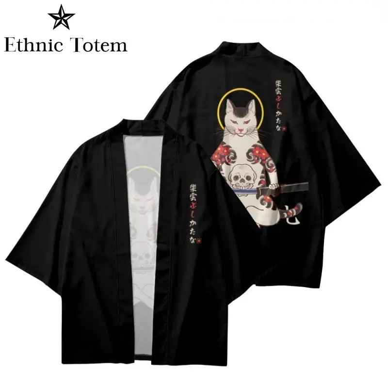 Japanese Kimono Man Yukata Samurai Kimono Cat Print Shirt Clothing ...