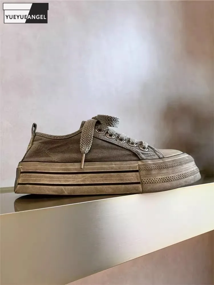 Vintage Women Distressed Canvas Shoes Lace Up Low Cut Thick Platform ...