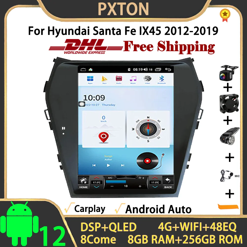 Pxton 12.1“ Android 12 8+256GB Screen DSP Car Radio For Hyundai Santa ...