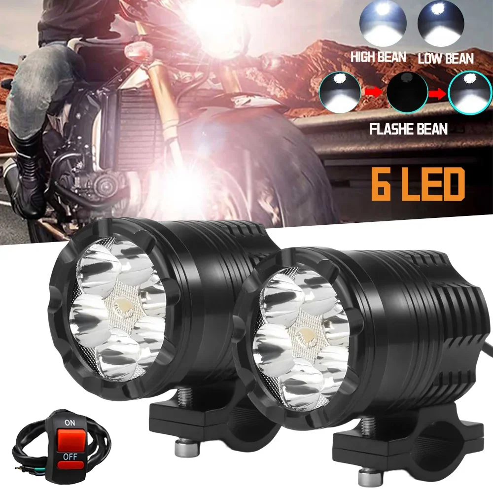 6 Chips Additional LED Headlights for Motorcycle High/Low/Strobe Long ...