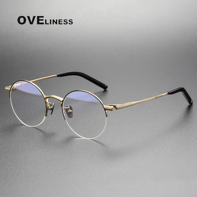 Pure Titanium Glasses Frame for Men Retro Round Prescription half ...
