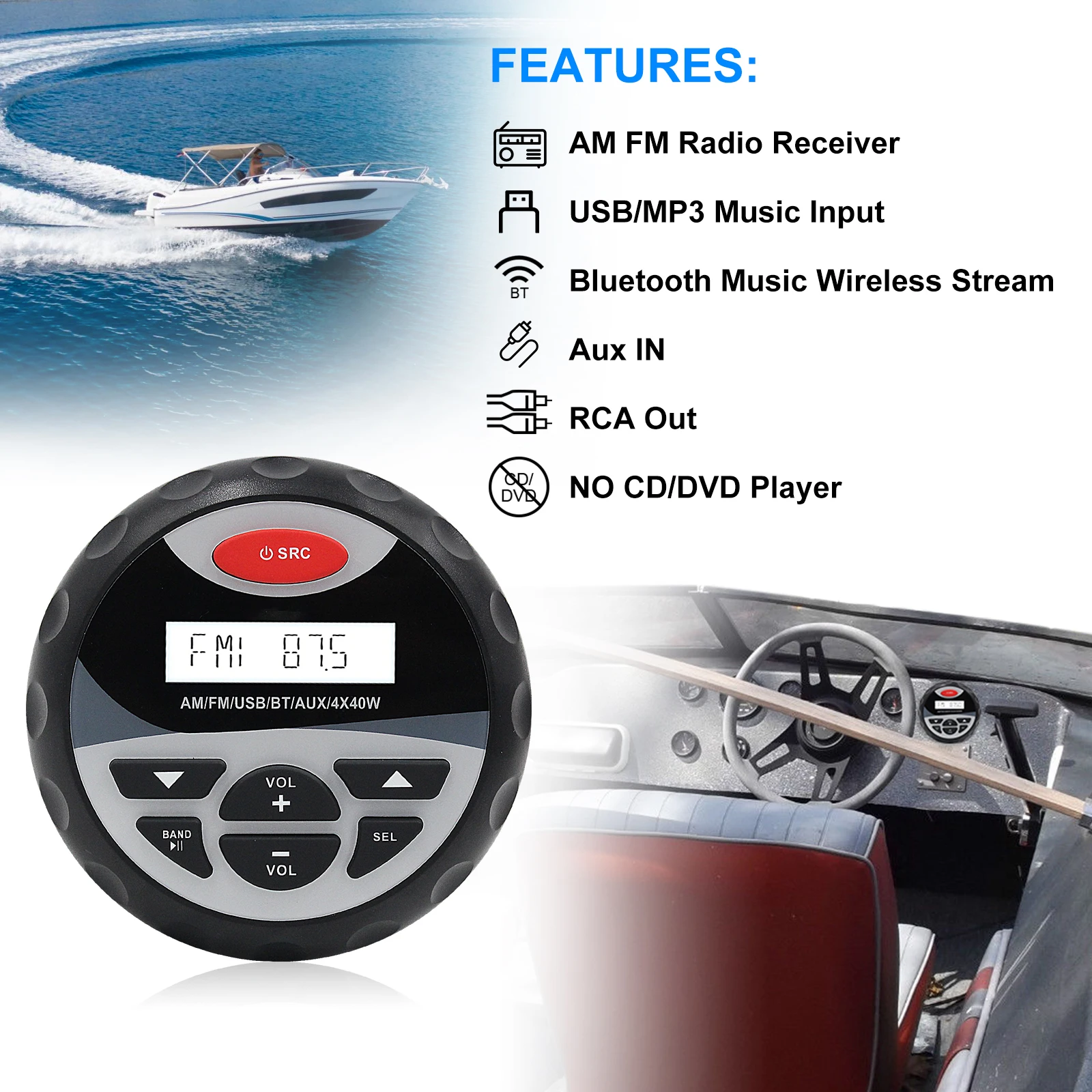 Marine Motorcycle Waterproof Bluetooth Radio Stereo Boat Audio AM FM ...