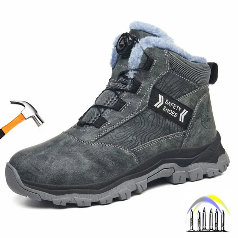winter safety shoes with rotary button anti-puncture waterproof work ...