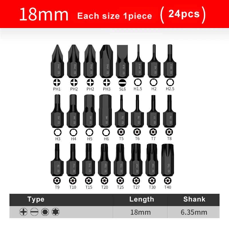 24pcs-lot-18mm-Long-Super-short-bit-1-4-Hex-Shank-Phillips-Slotted-Torx ...