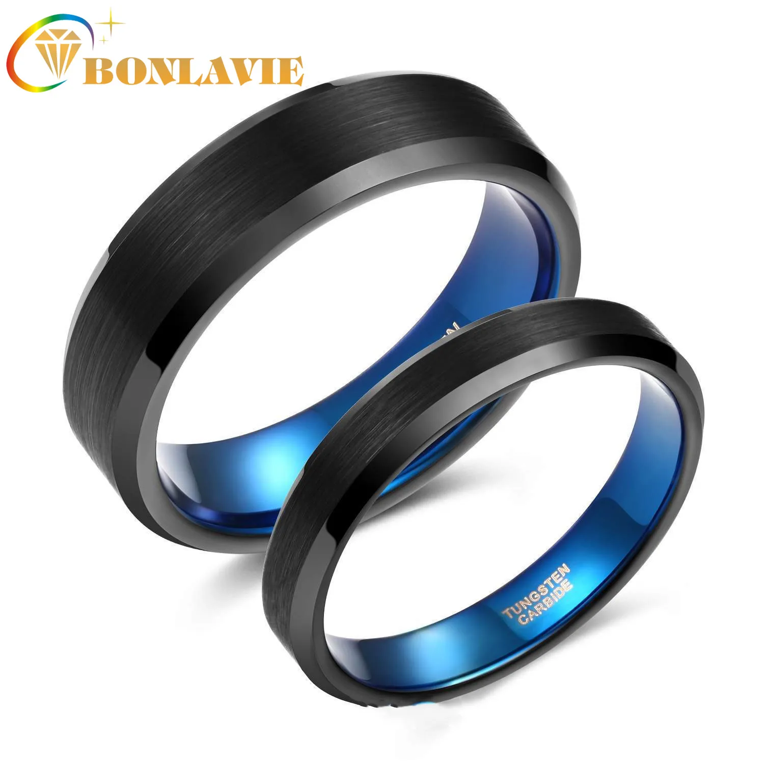 BONLAVIE-4mm-6mm-Tungsten-Carbide-Ring-Black-and-Blue-Beveled-Brushed ...