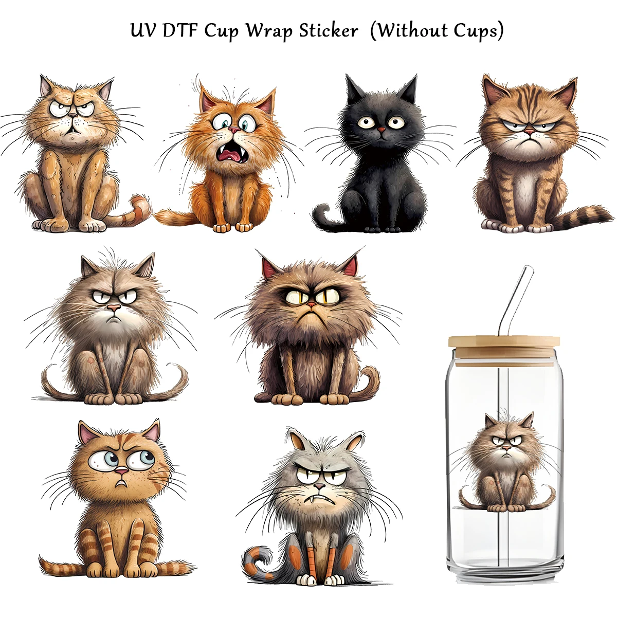 8pcs-Funny-Cat-UV-DTF-Cup-Wraps-Decals-DIY-Waterproof-Self-adhesive ...
