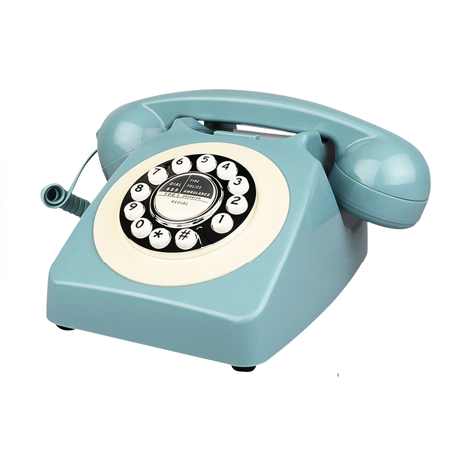 Telefone retrô com fio azul, moda antiga, telefone fixo clássico ...