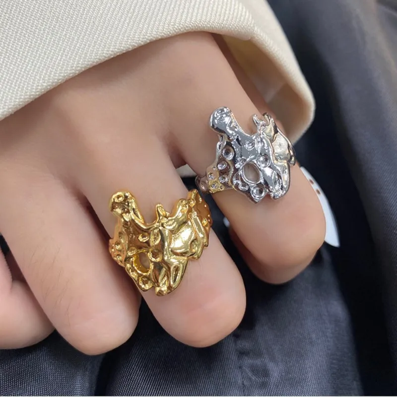 Exaggerated-Irregular-Lava-Concavoconvex-Gold-Rings-for-Women-Men-Silver-Color-Retro-Unique ...