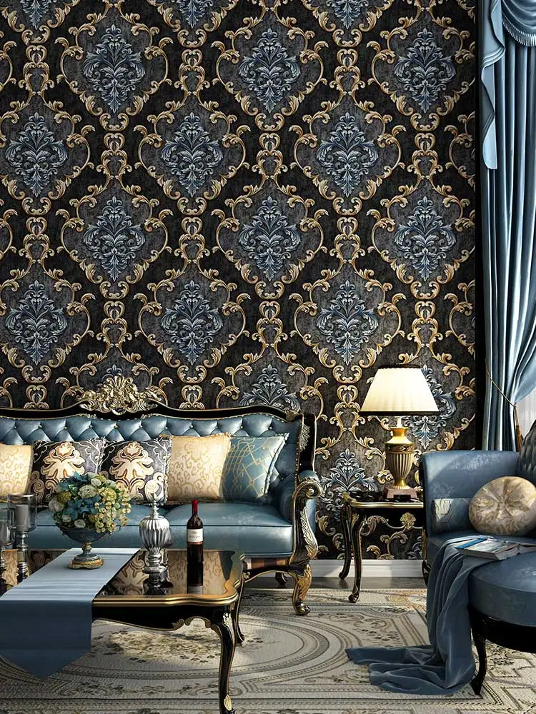 European Home Decor Wallpapers Black Blue Damask Decorations Living ...