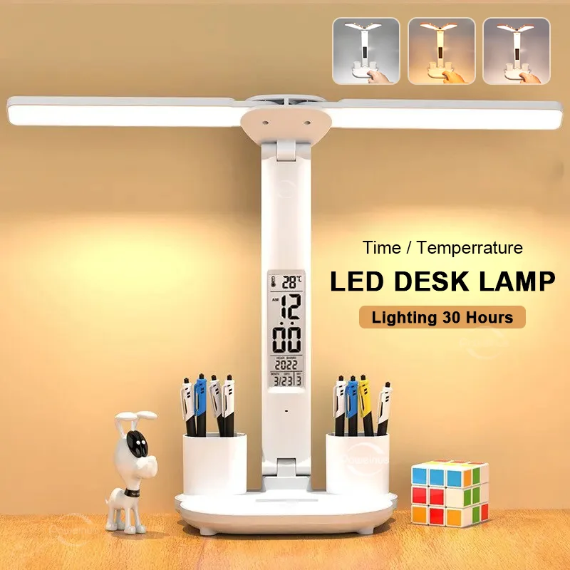 LED-Clock-Table-Lamp-USB-Chargeable-Dimmable-Desk-Lamps-2-Heads-180 ...