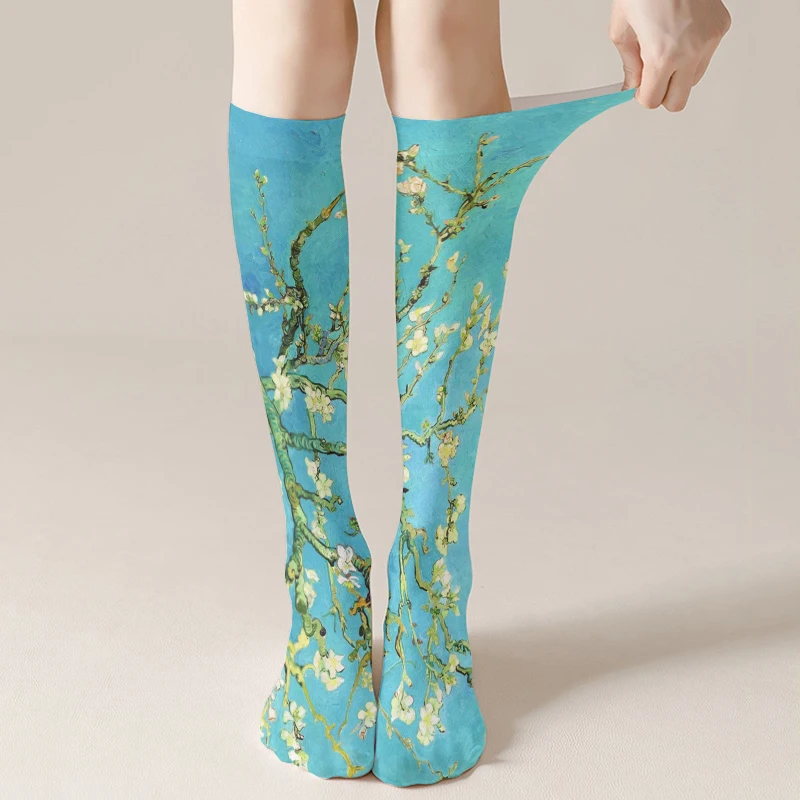 Ladies Sexy Stockings Classic Oil Painting Pattern Printing Calf ...