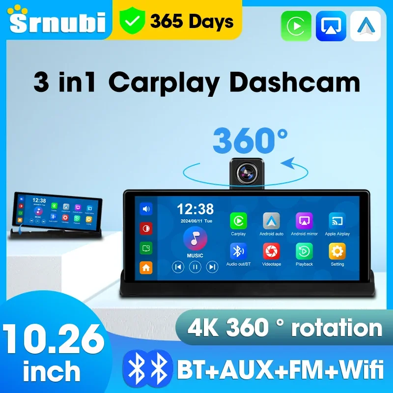 Srnubi-10-26-Car-DVR-3-in-1-Screen-4K-360-Rotation-Dash-Cam-Wireless ...