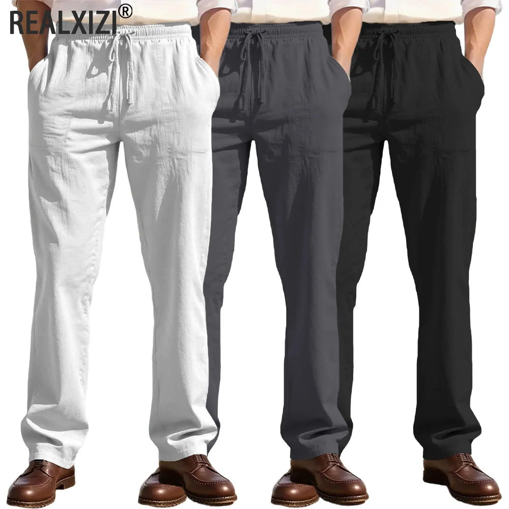 Men's Casual Pants Loose Breathable Solid Color Long Pants Drawstring ...