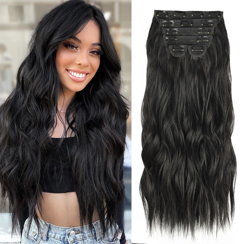 Wavy clip-on synthetic hair extensions