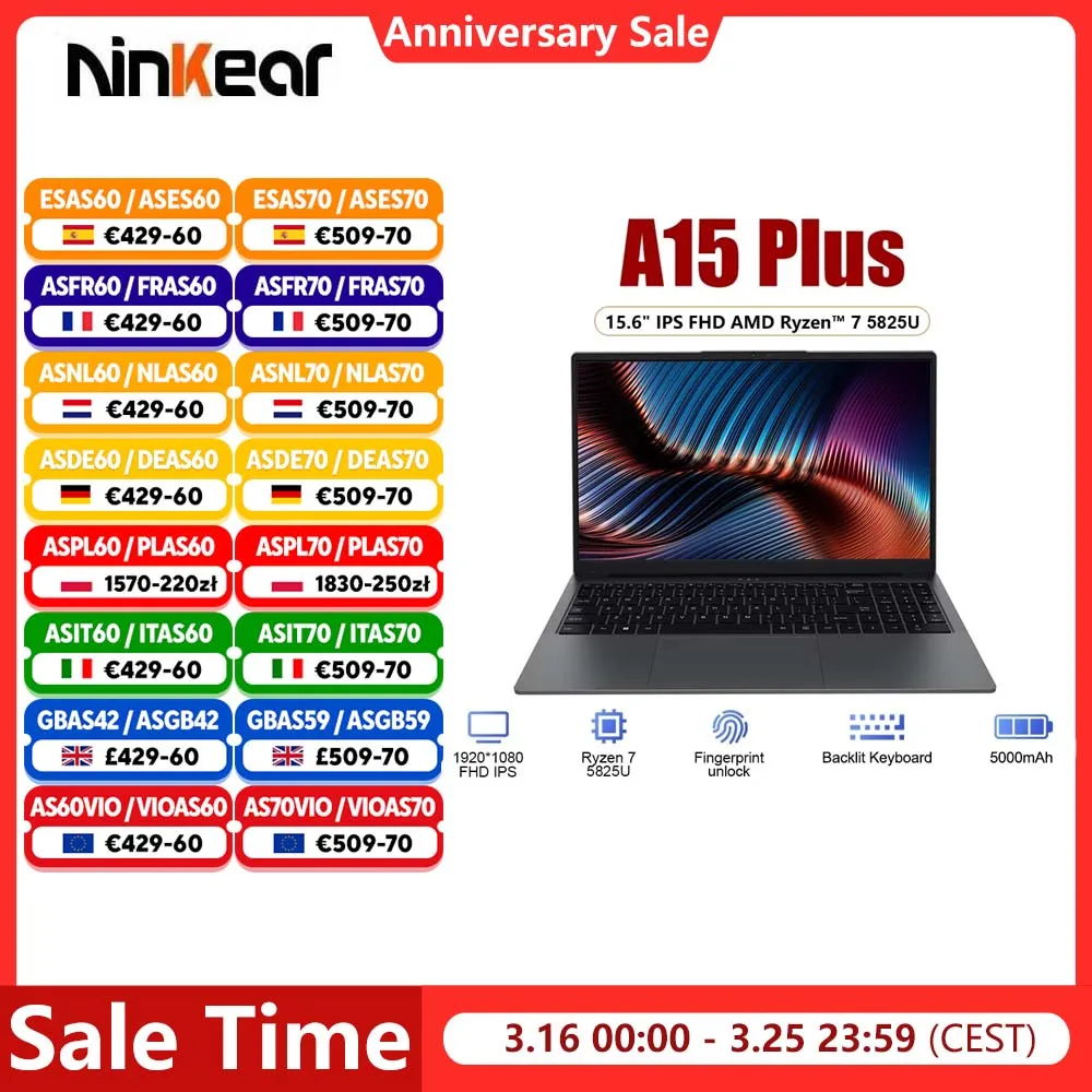 Ninkear A15 Plus Laptop AMD Ryzen™ 7 5825U 15.6" IPS FHD Notebook 16GB ...