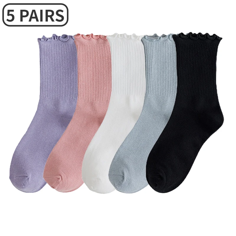 5-Pairs-lot-Long-Socks-Women-Ruffle-Lace-Polyester-Knitting-Solid-Color ...