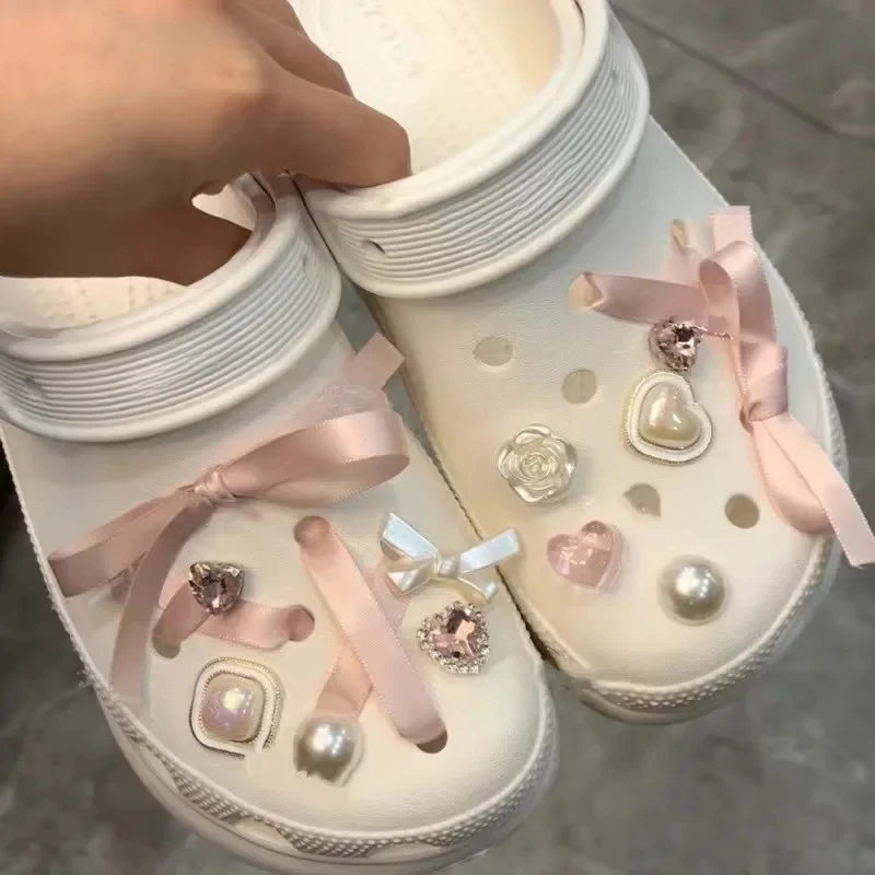 2023-New-Pink-Silk-Ribbon-Bow-knot-Shoe-Charms-for-Crocs-Rhinestone ...