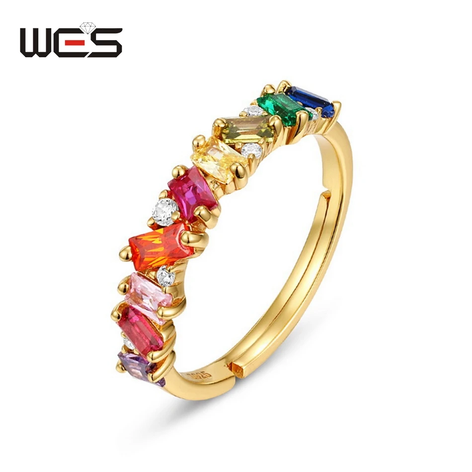 WES-925-Sterling-Silver-Open-Rings-for-Women-Rainbow-Crystal-Colorful ...