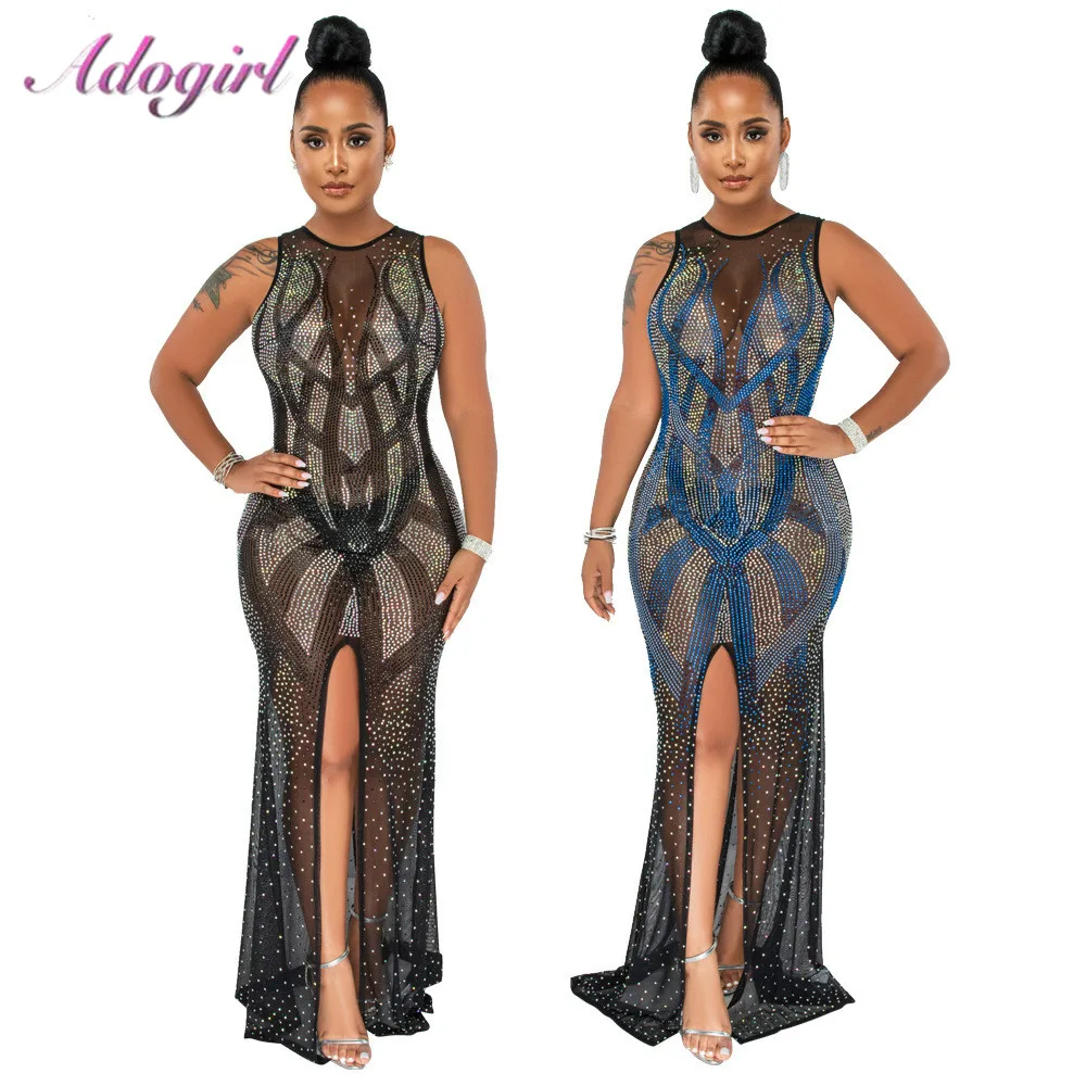 Elegant Diamonds Patchwork Sheer Mesh High Split Maxi Long Dress Women