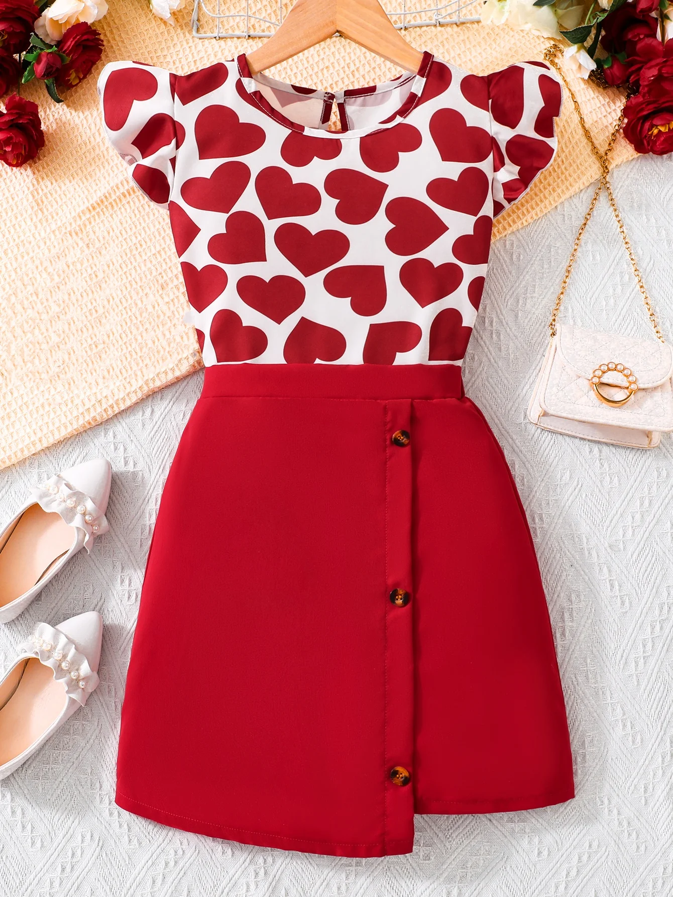 Summer Sweet Beauty Retro Hong Kong Style Red Top Half Skirt Two Piece ...