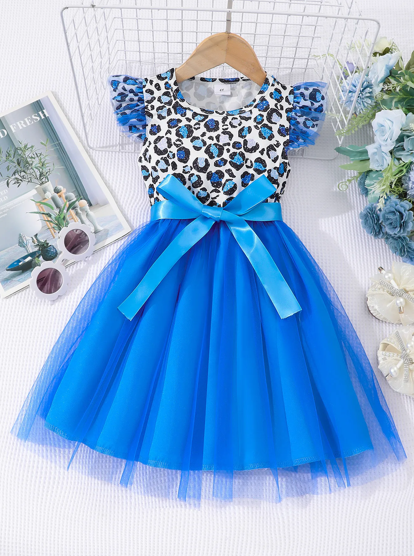 Girls-Party-Blue-Princess-Fly-Sleeve-Printed-Mesh-Dress-with-Solid ...
