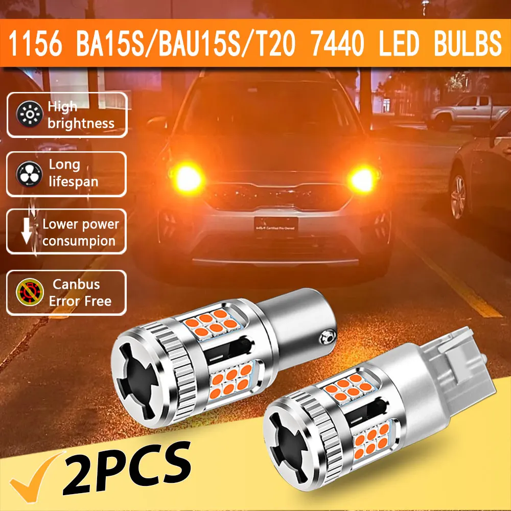 2Pcs-Amber-Yellow-3000lm-PY21W-BAU15S-1156-BA15S-T20-7440-W21W-LED-Turn ...
