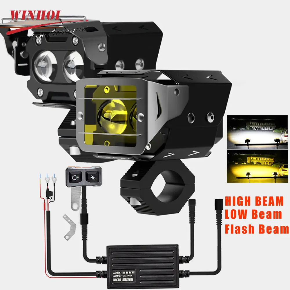 High-Low-Beam-Flash-Motorcycle-Led-Headlight-with-Wiring-Harness-Amber ...