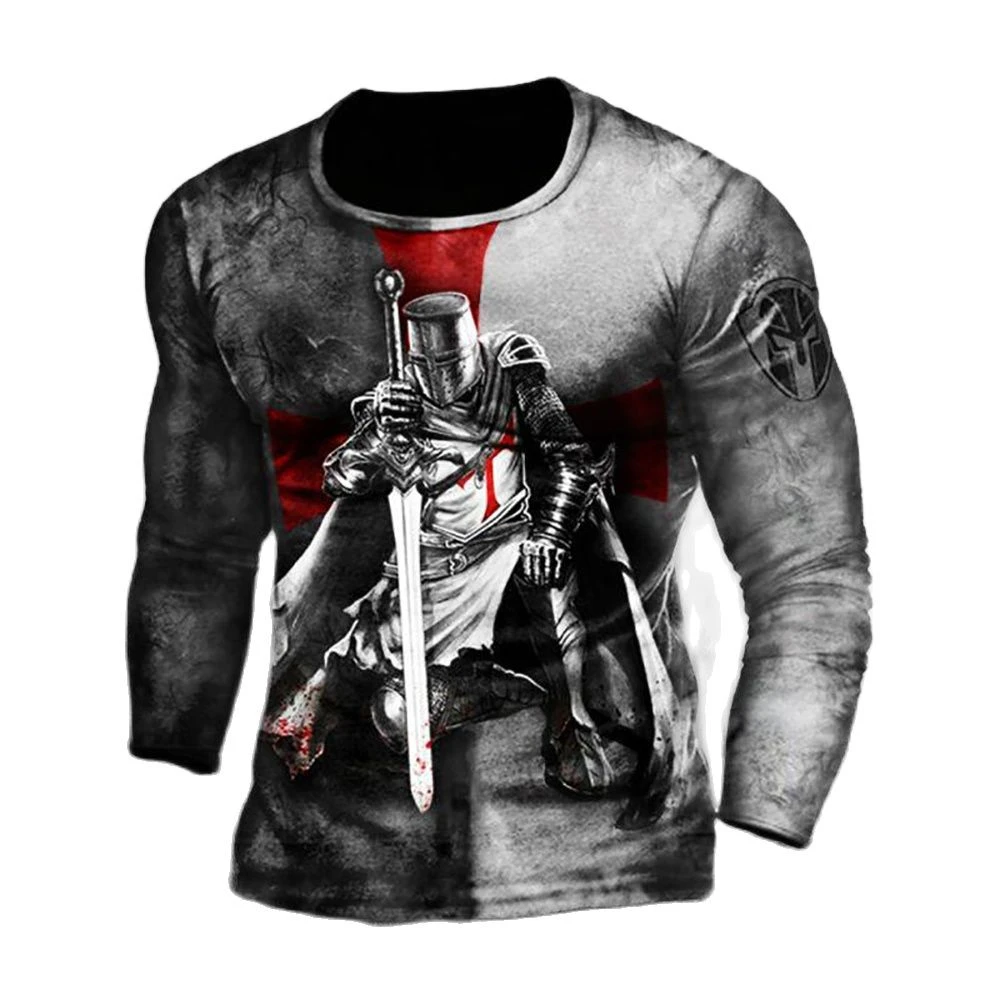 Men's Long Sleeve T Shirt Vintage Knight Fighting 3D Crew Neck Loose ...