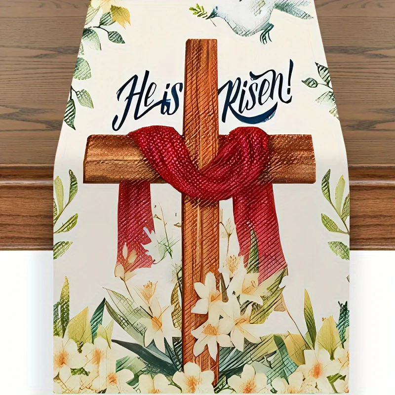 1pc-Easter-He-is-Risen-Table-Runner-Easter-Flowers-Spring-Jesus-Cross ...
