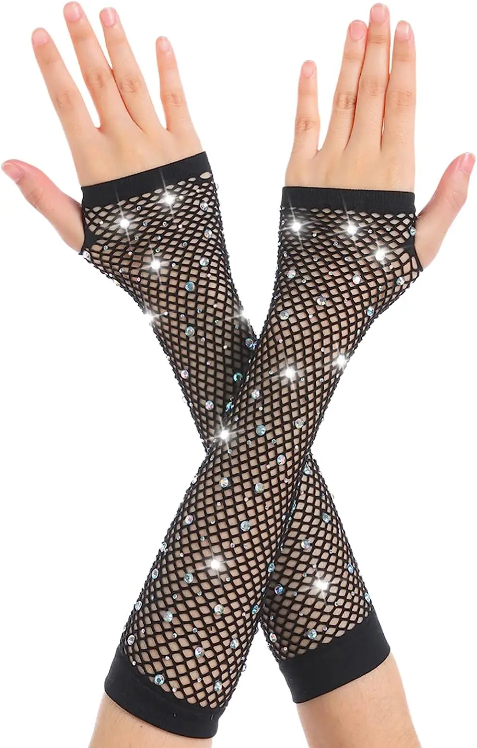 Rhinestone-Fingerless-Fishnet-Gloves-For-Women-Kids-Girls-Fish-Net-Arm ...