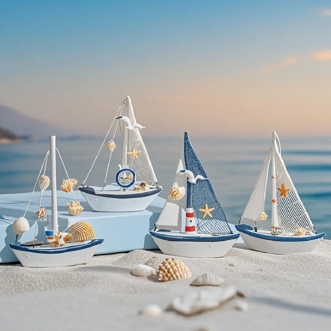 Mini Nautical Style Wooden Sailing Boat Ship-Nautical Blue Craft ...
