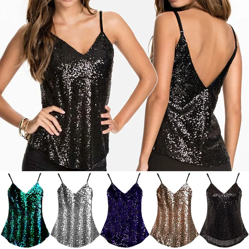 Sexy Backless Sling Camisole Tops Shiny Sequins Tank Top Vest Blouses ...