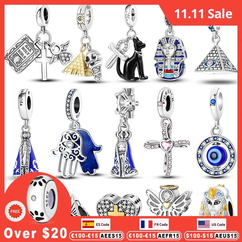925-Sterling-Silver-Dangle-Charms-Cross-Angel-Pyramid-Pharaoh-Baeds-Fit ...