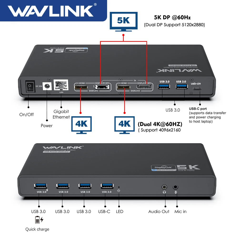 Wavlink 4K USB C Universal Docking Station Gigabit Lan USB 3.0 5K HDMI ...