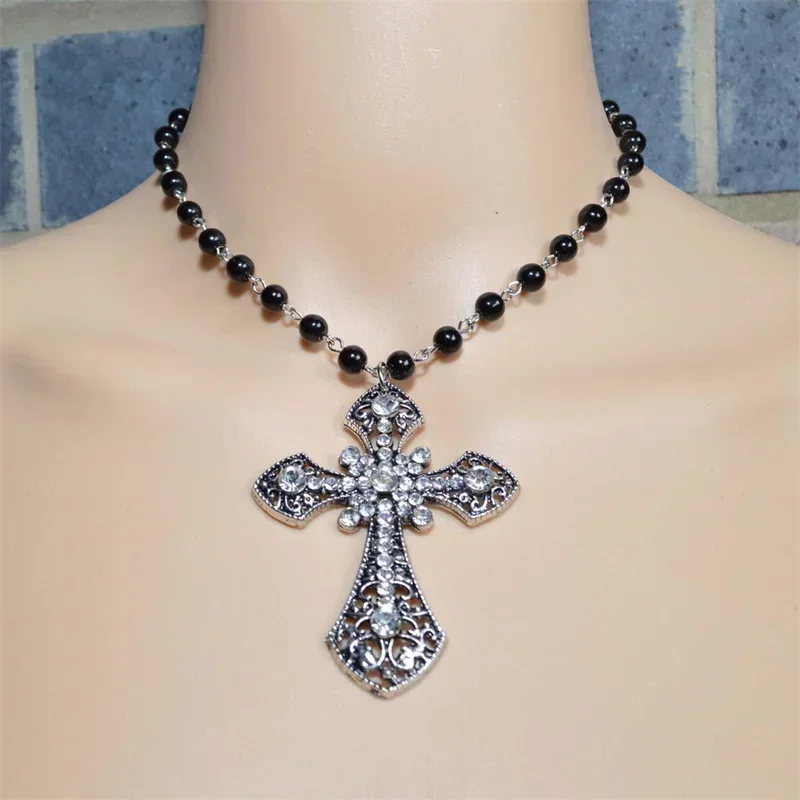 Victorian-Big-Cross-Pendant-Necklace-White-Pearl-Choker-Vampire-Cross ...