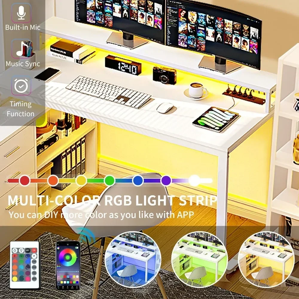 L-shaped-computer-desk-with-3-drawers-with-power-socket-and-LED-light-L ...