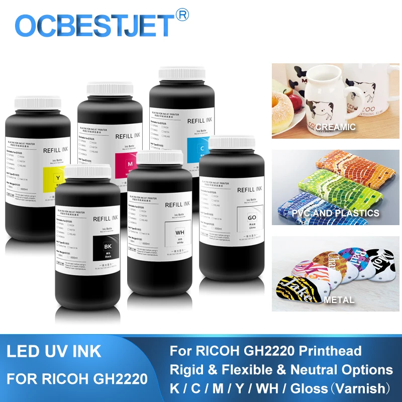 1000ML LED Curable UV Ink For Ricoh GH2220 Industrial Inkjet Printhead Rigid & Flexible ...