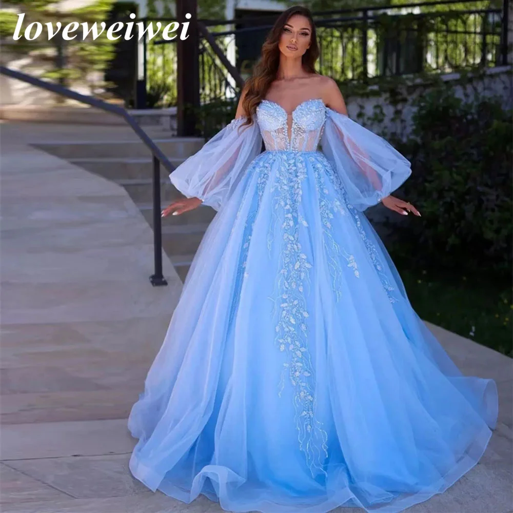 Charming-Sky-Blue-Shiny-Appliques-Beaded-Prom-Dress-Detachable-Puff ...
