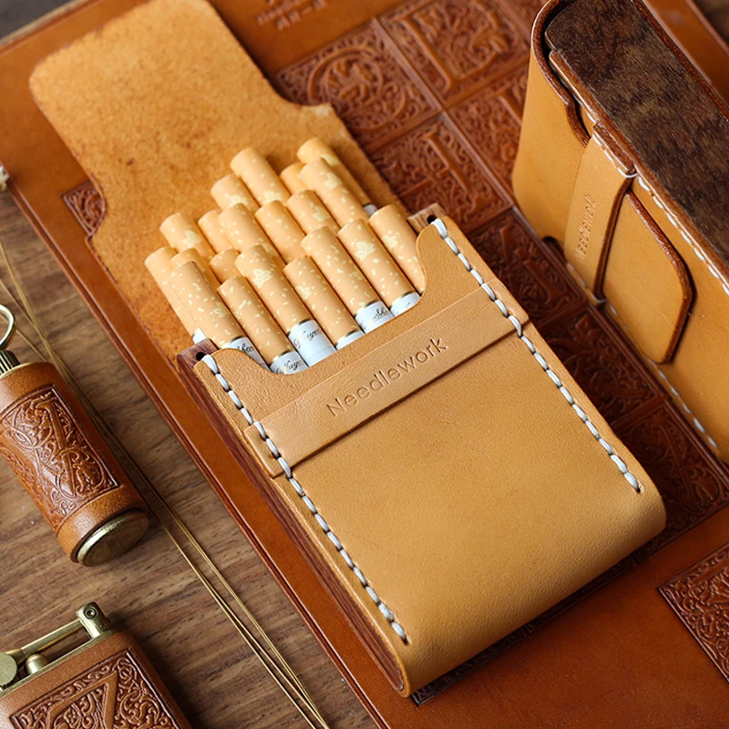 Retro High Grade Cowhide Wooden Cigarette Case Compression Ultra thin ...